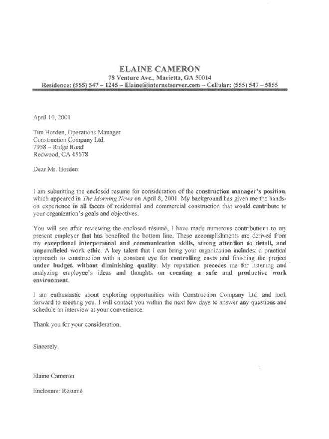 Construction Manager Cover Letter Sample